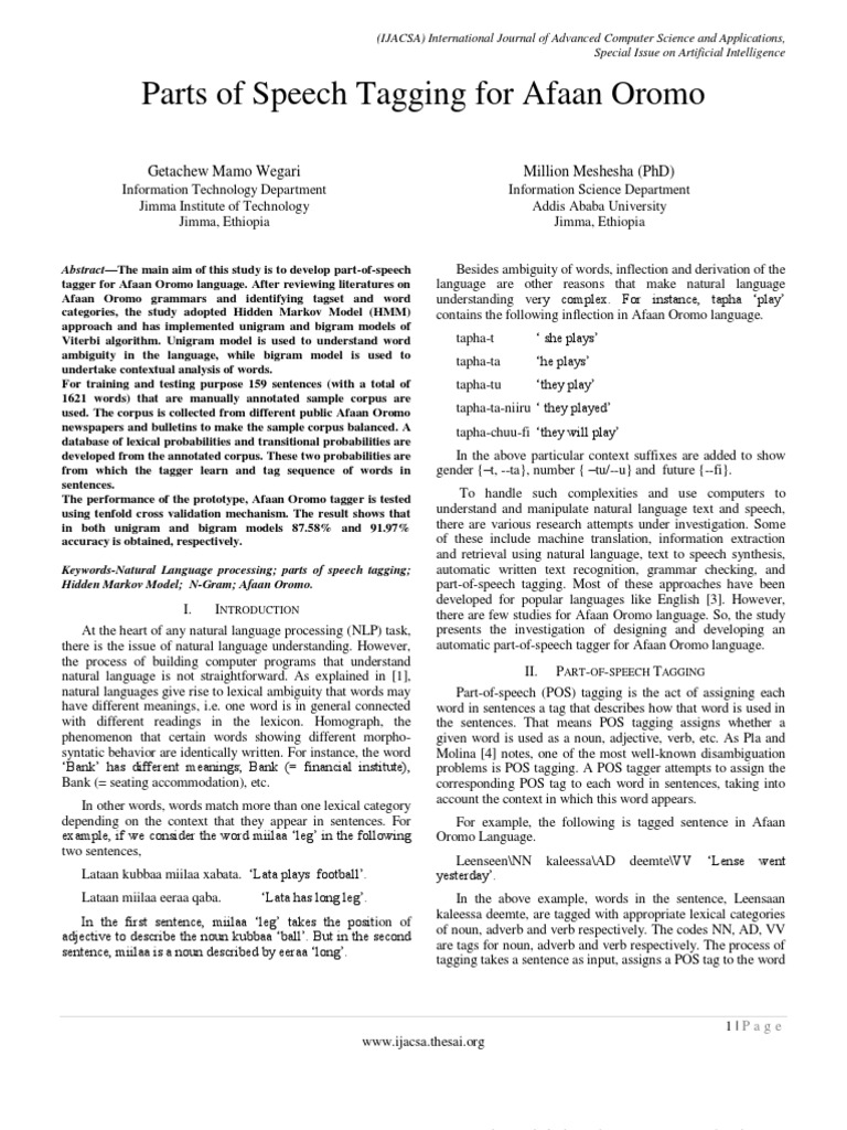Parts of Speech Tagging For Afaan Oromo | PDF | Preposition And Postposition | Parsing