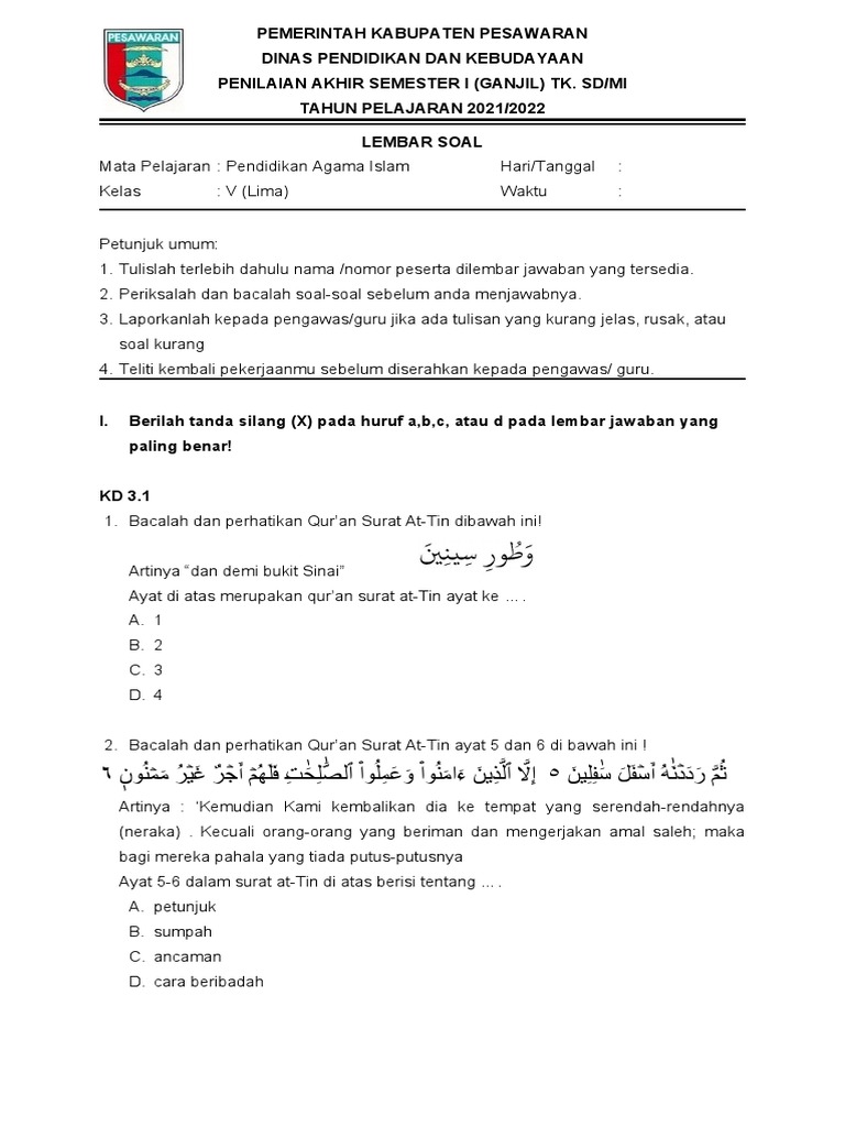 Soal Pas Ganjil Pai KLS 5 TP 2021 2022 | PDF