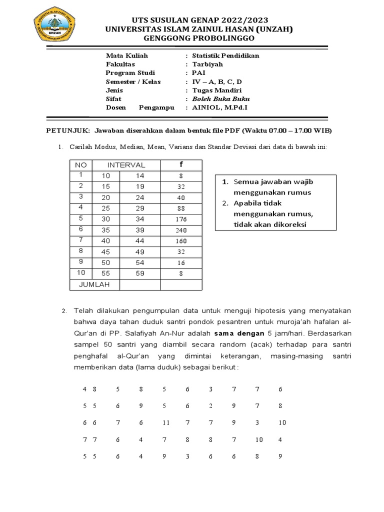 Soal UTS Statistik 2023 SUSULAN | PDF