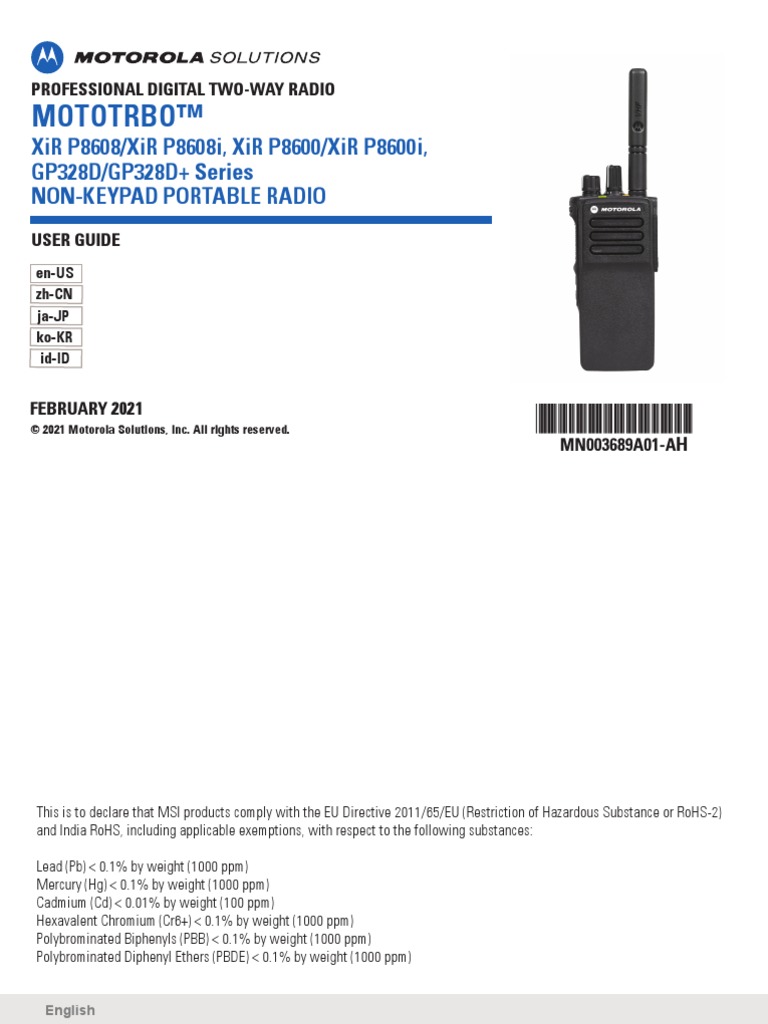 Mototrbo™: Xir P8608/Xir P8608I, Xir P8600/Xir P8600I, Gp328D/Gp328D ...