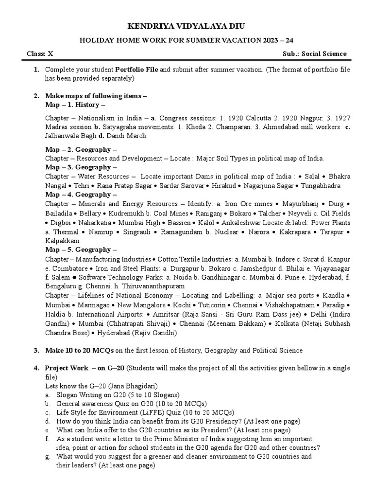 Class 10 Summer Vacation Home Work | PDF