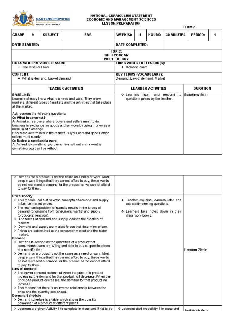 WEEK 4 LESSON PLAN 1 Def Demand and Law of Demand . | PDF | Demand ...