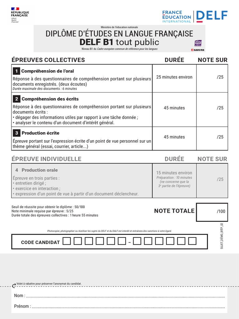 Examen DELF B1 : Épreuves et Notes | PDF