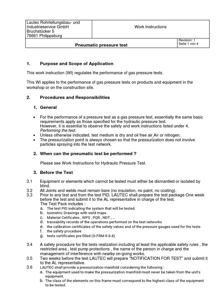 Pneumatic Pressure Test | PDF