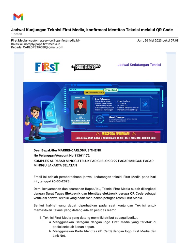 Gmail - Jadwal Kunjungan Teknisi First Media, Konfirmasi Identitas Teknisi Melalui QR Code | PDF