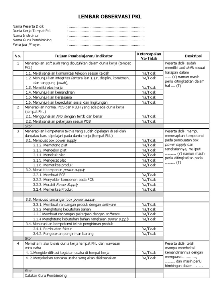 Lembar Observasi PKL | PDF