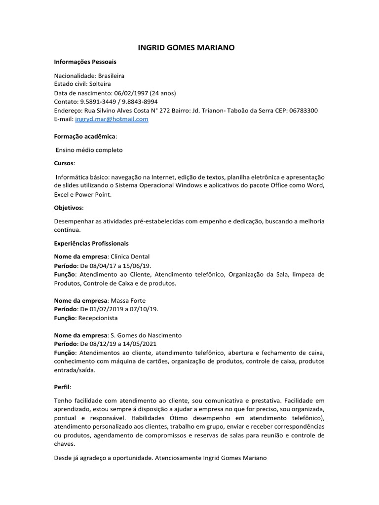 Cv-Ingrid Gomes Mariano | PDF