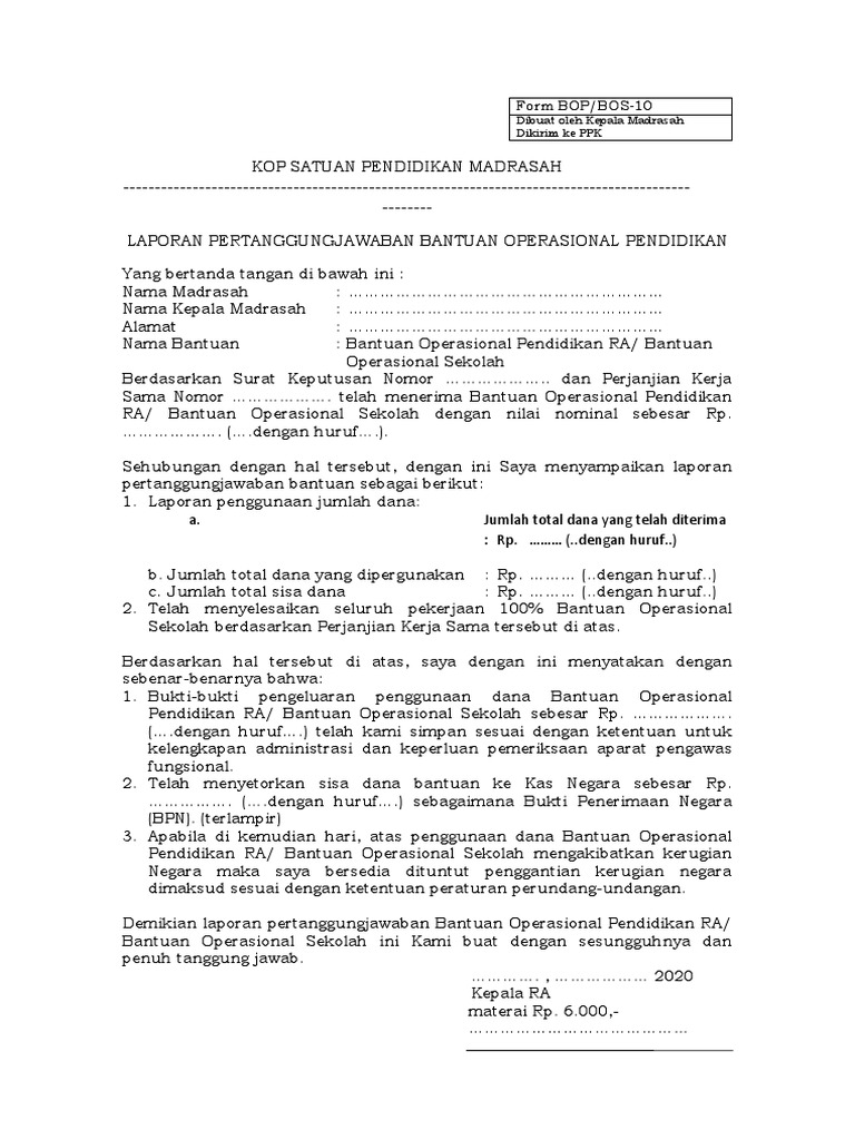 Laporan Pertanggungjawaban BOP | PDF