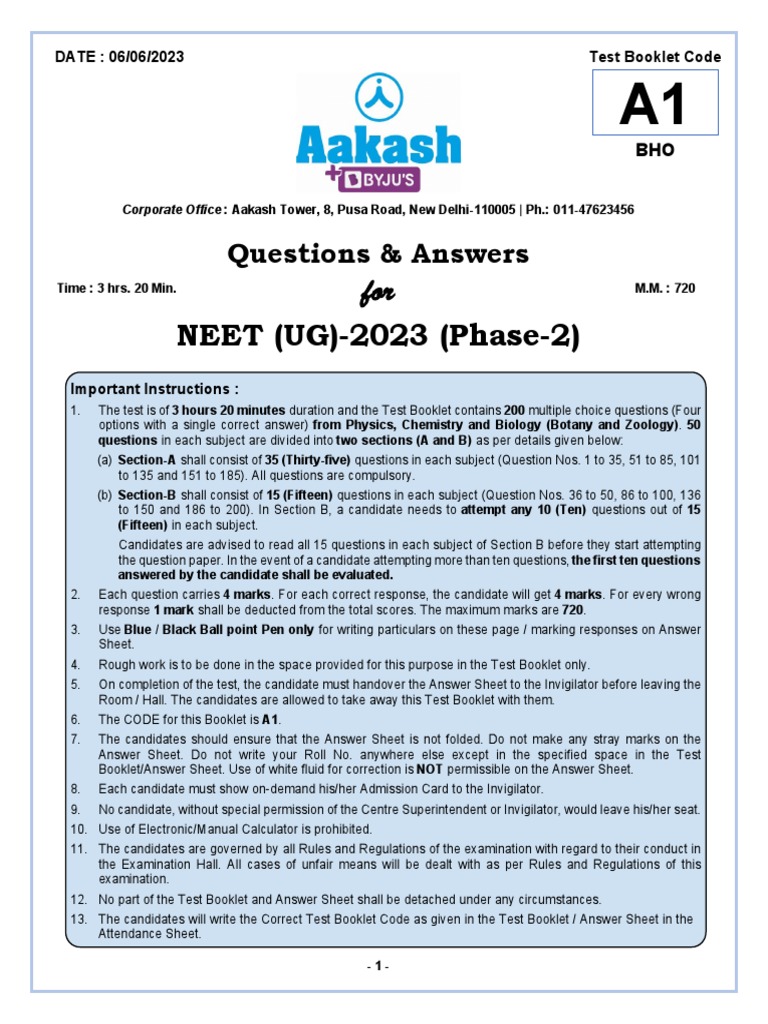 Questions and Answers NEET-2023 Code-A1 Phase-2 FINAL | PDF