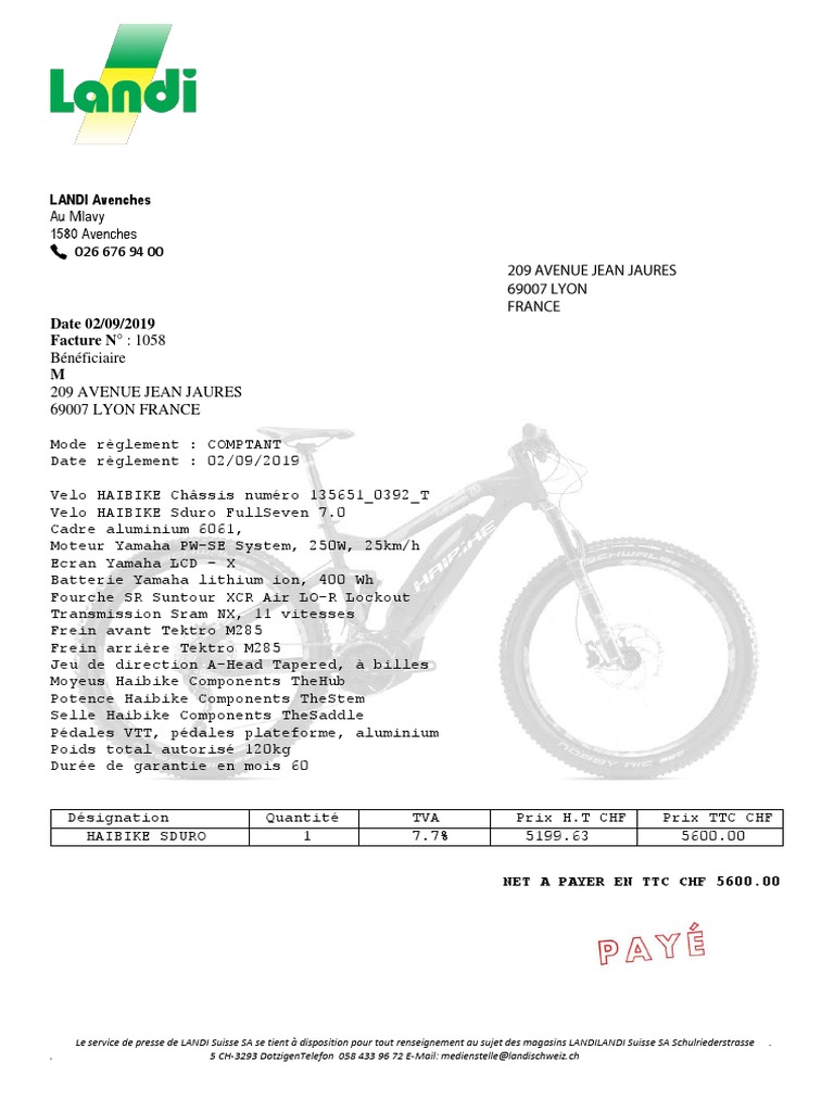 Facture d'achat vélo électrique HAIBIKE | PDF | Sodles | Business