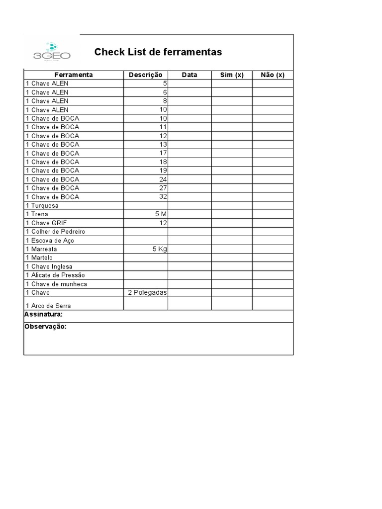 Check List de Ferramentas | PDF