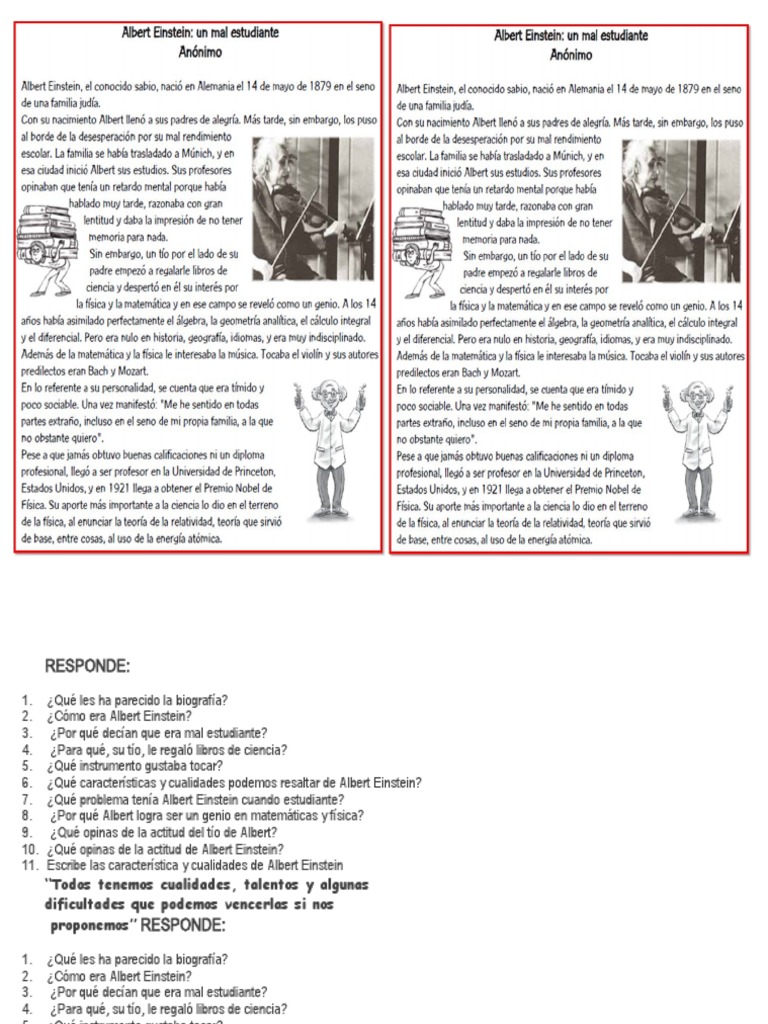 Albert Einstein Lectura Comprensiva Taller 2 U 2 | PDF | Deportes y ...