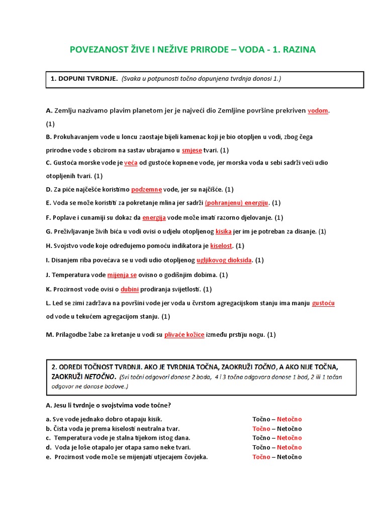 Povezanost Žive I Nežive Prirode - Voda - Odgovori | PDF
