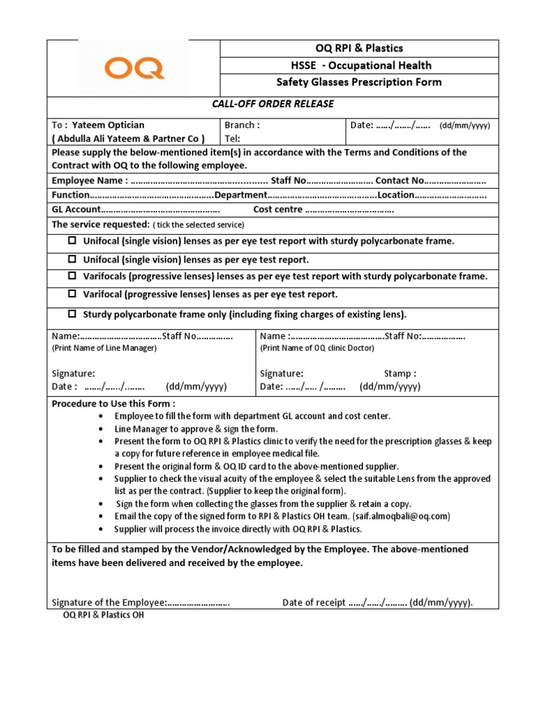 Prescription Safety Glasses Form | PDF