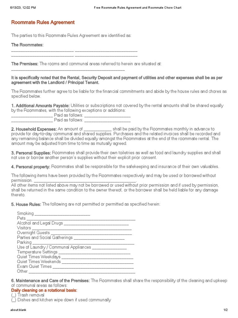 Roommate Rules and Chore Agreement | PDF | Roommate | Renting