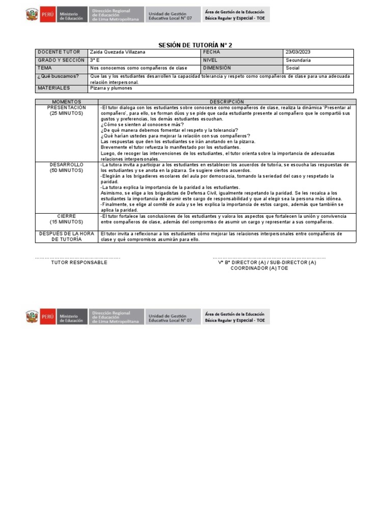 Sesion de Tutoria N2 | PDF | Salón de clases