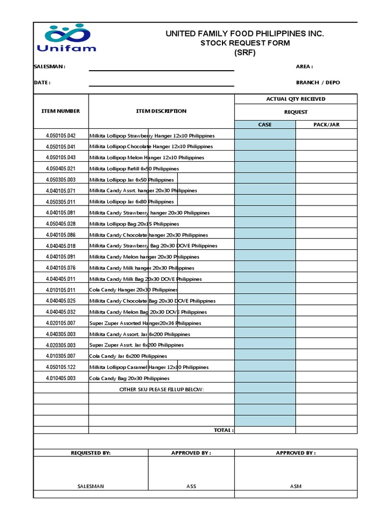 United Family Food Philippines Inc. (SRF) : Stock Request Form | PDF ...