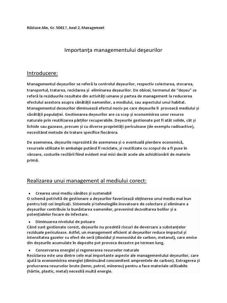 Proiect Managementul Mediului | PDF