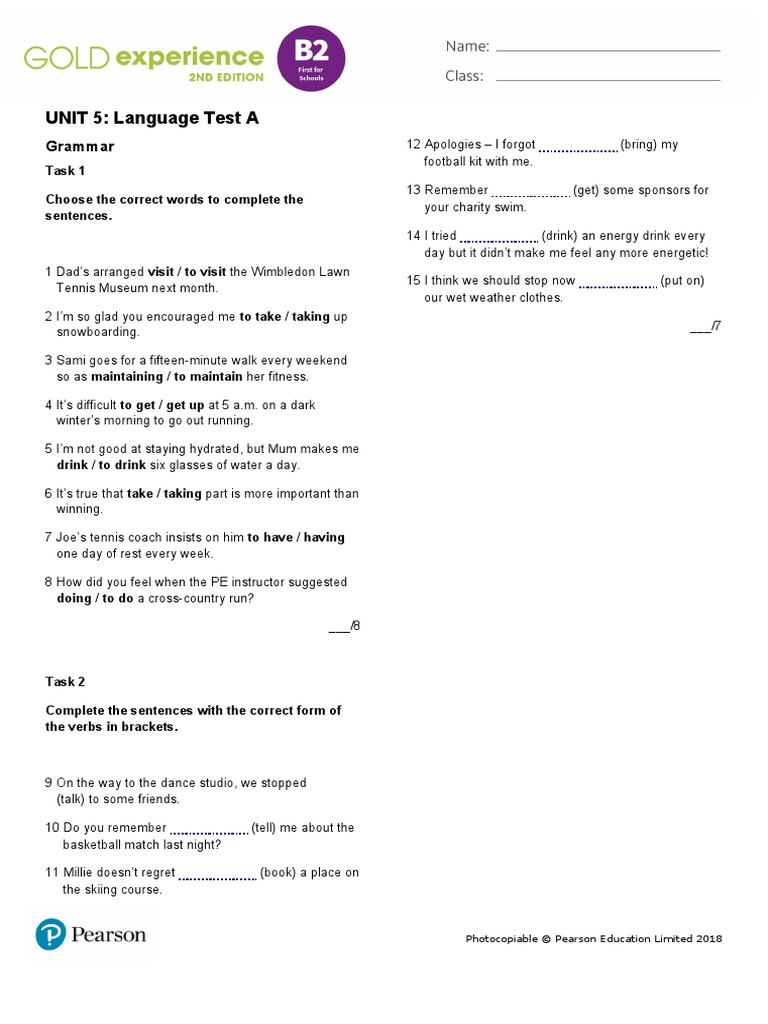 Gold Experience B2 Unit 5 Test A | PDF