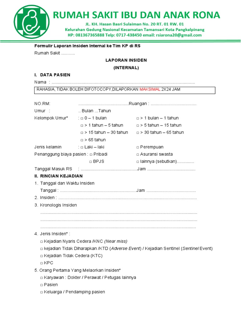 Formulir Laporan Insiden Internal Ke Tim KP Di RS | PDF | Hukum
