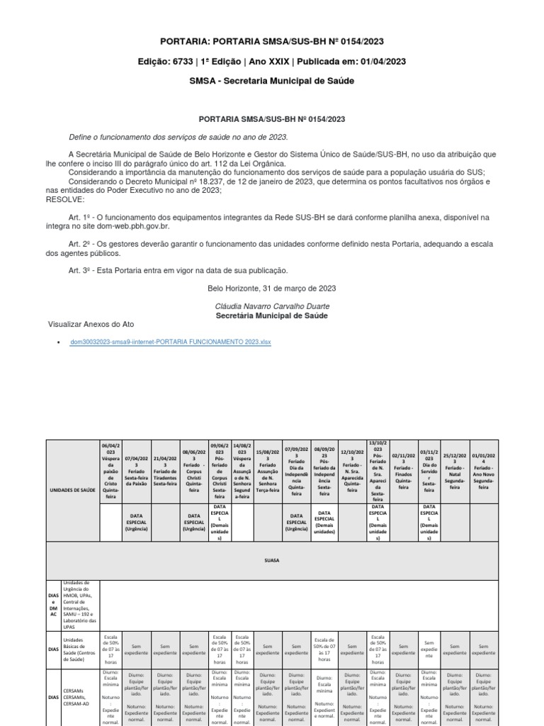 PORTARIA SMSA-SUS-BH #0154-2023 (Feriados) | PDF