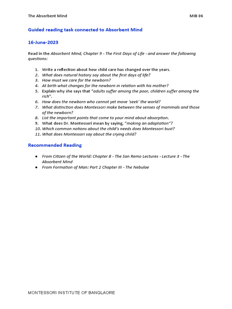 02 Guided Reading Task - Absorbent Mind | PDF