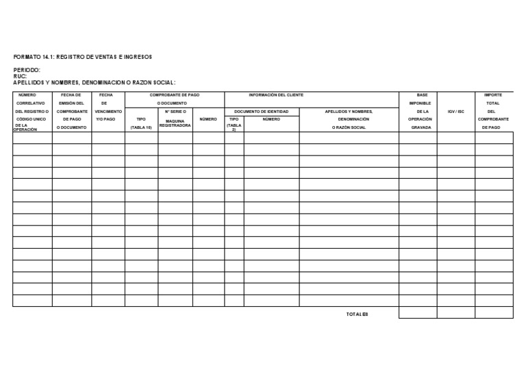 REGISTRO DE VENTAS FORMATO 14.1 | PDF