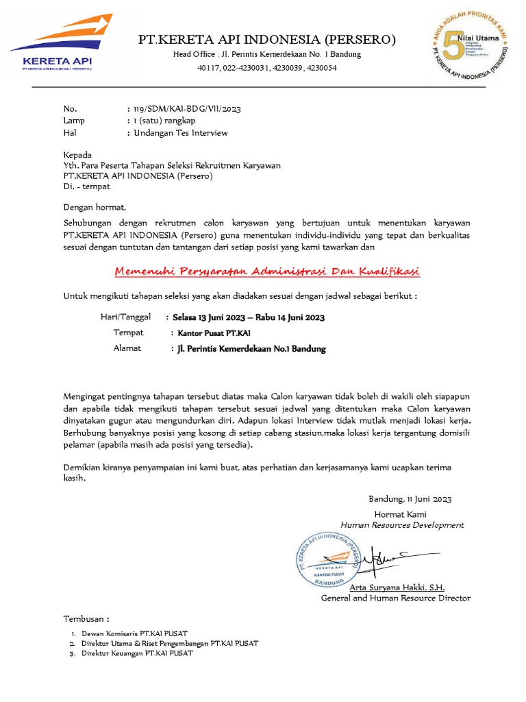 Undangan Interview PT - KAI (Persero) | PDF