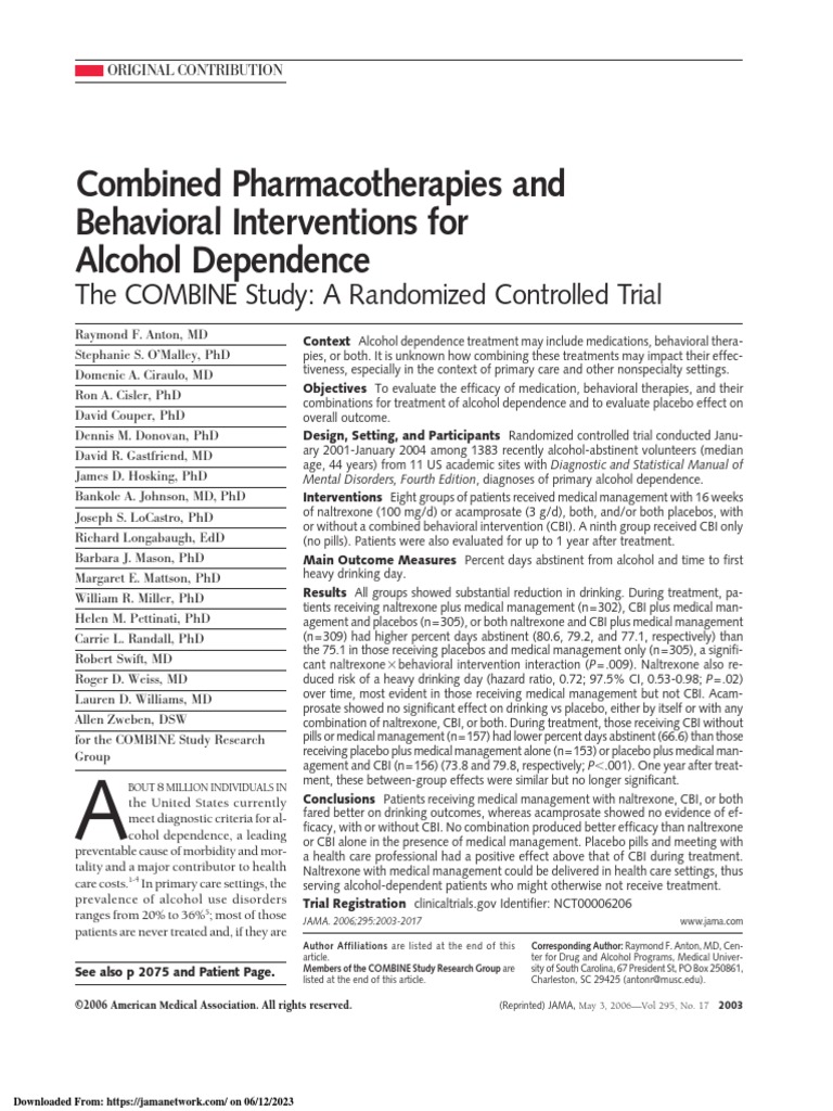 COMBINE Study Alcohol | PDF