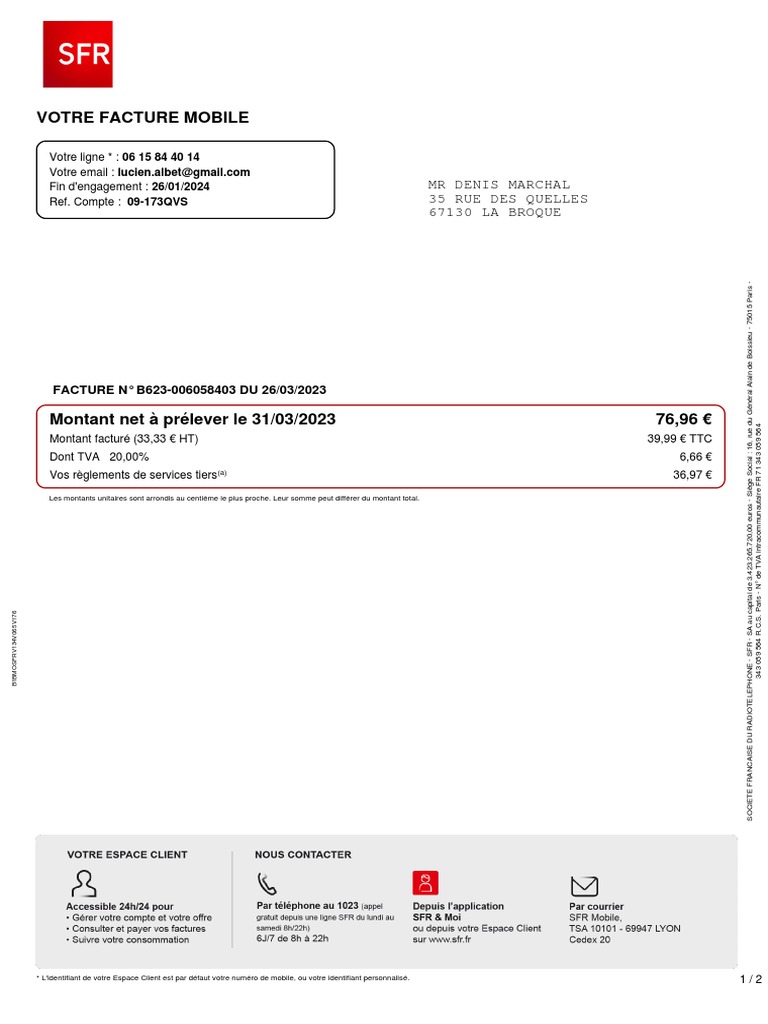 Facture SFR Mobile Mars 2023 | PDF | Taxe sur la valeur ajoutée | Facture