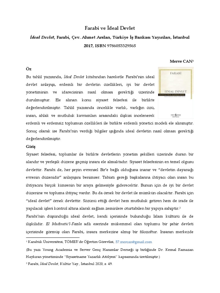 1 Merve Can Farabi Ve Ideal Devlet | PDF