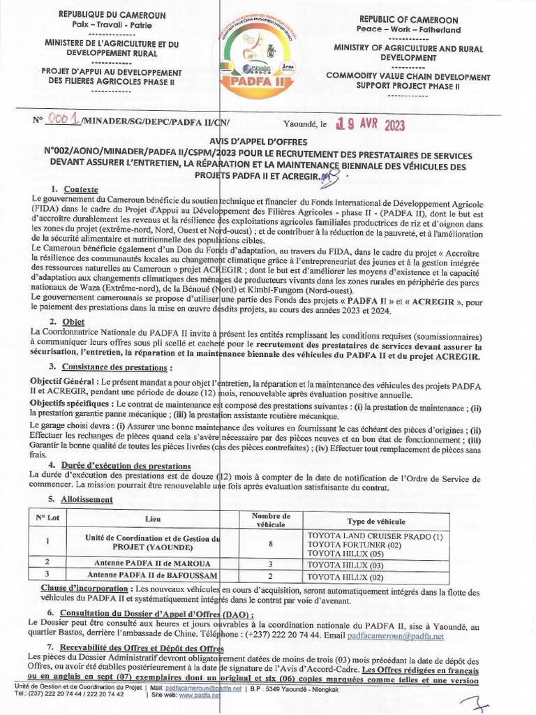 AONO N°002-2023 - Prestataires Entretien Réparation Et La Maintenance ...