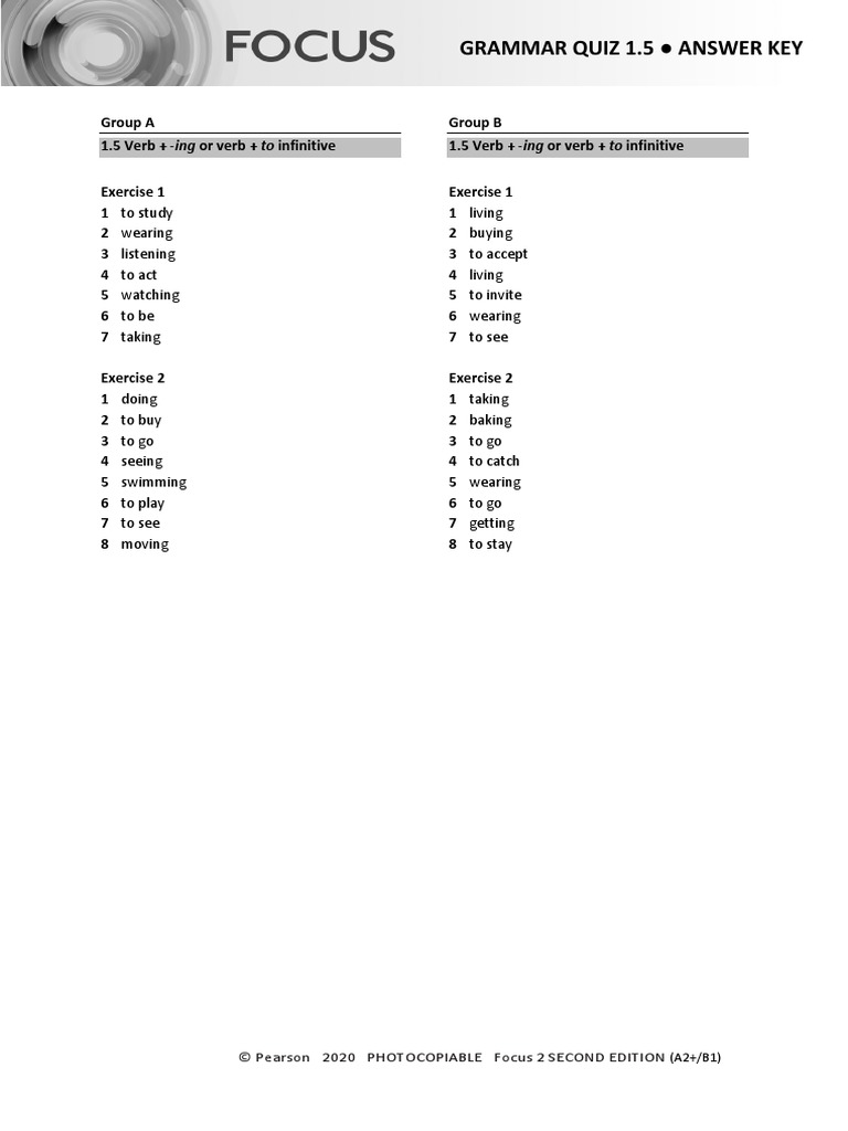 Focus2 2E Grammar Quiz Unit1 5 GroupA B ANSWERS | PDF