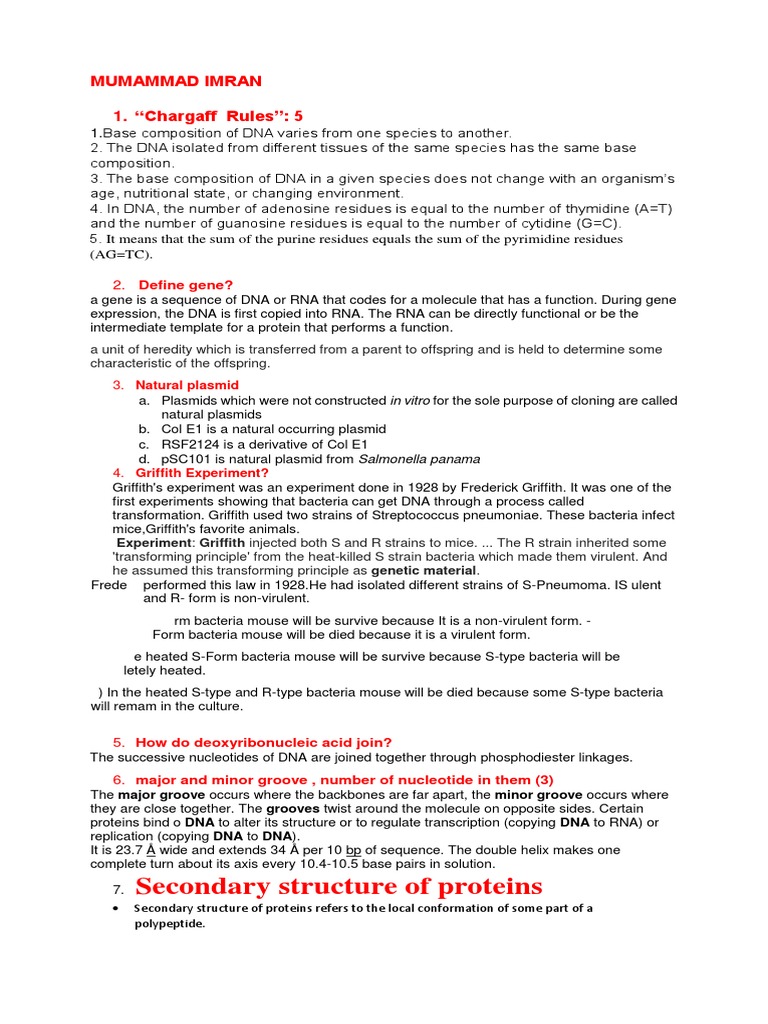 BT 301 Short Question Mid Term | PDF | Dna | Rna
