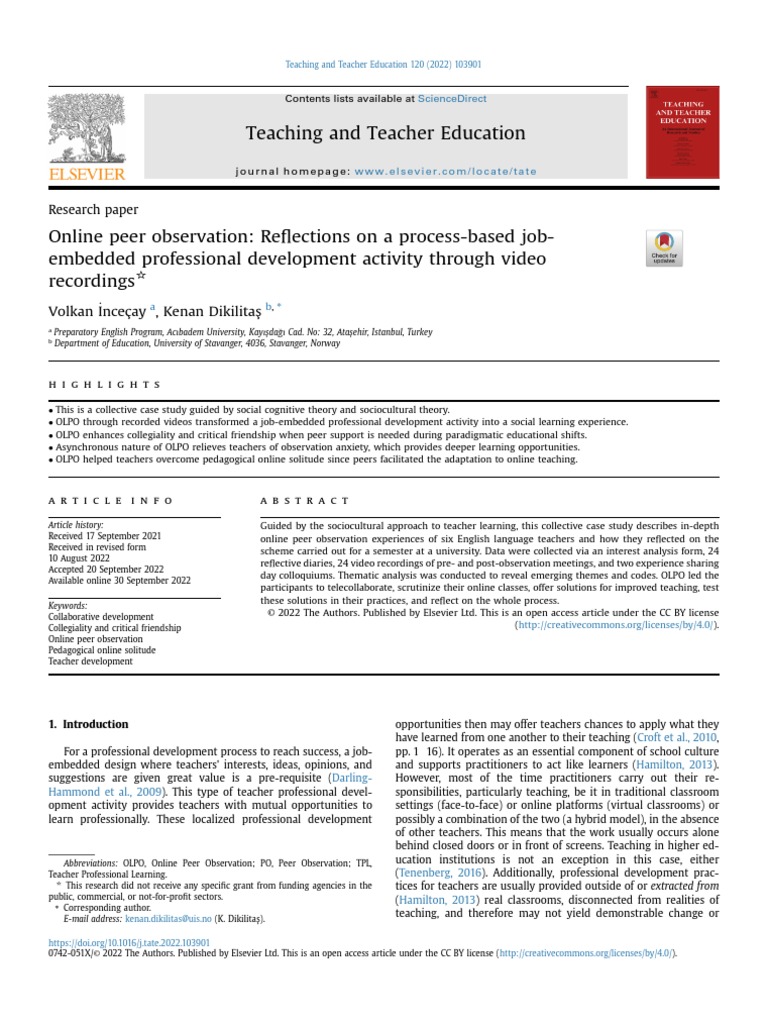 Online Peer Observation Reflections On A Process Based J - 2022 - Teaching and | Download Free ...