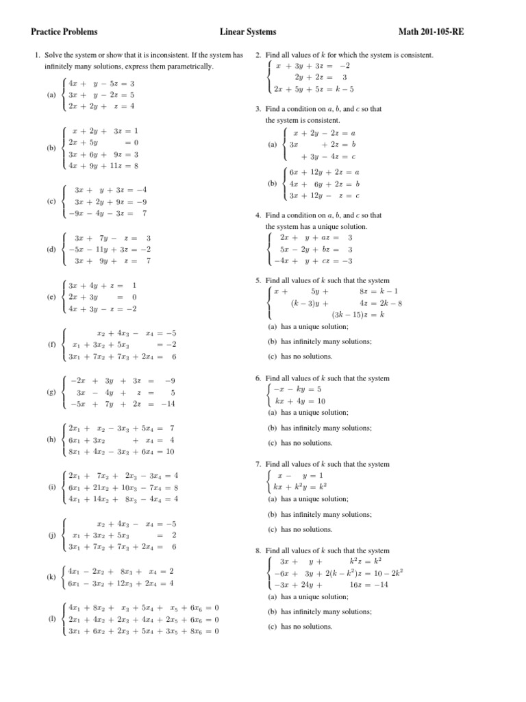 Practice Problems Linear Systems Math 201-105-RE | PDF | System Of ...