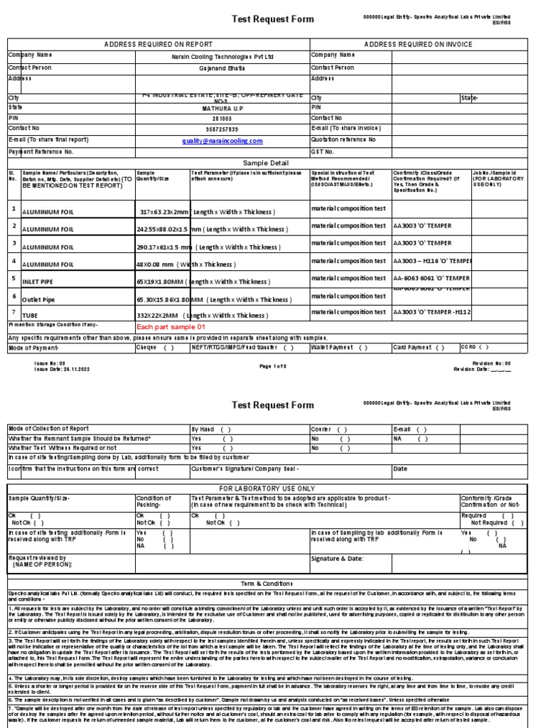 Test Request Form - Final-26.11.22 | PDF | Laboratories