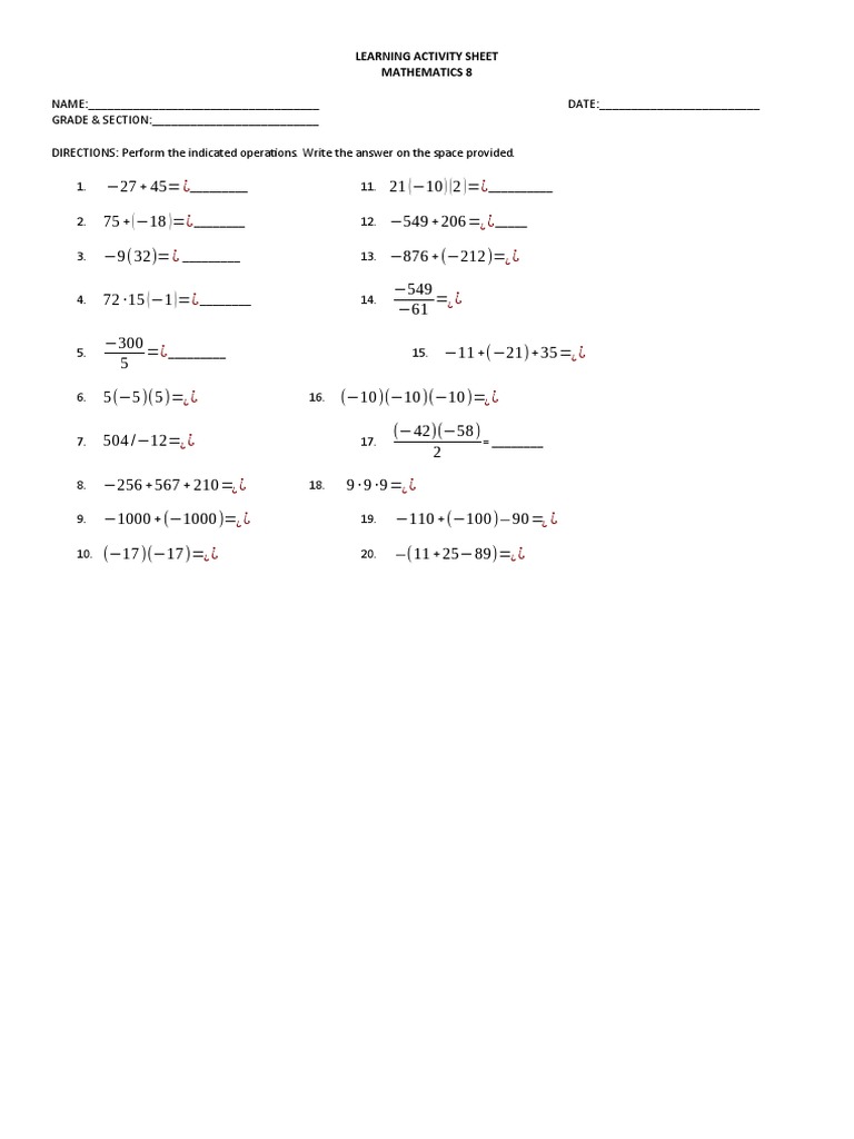 8th Grade Integer Operations Worksheet | PDF | Teaching Methods & Materials