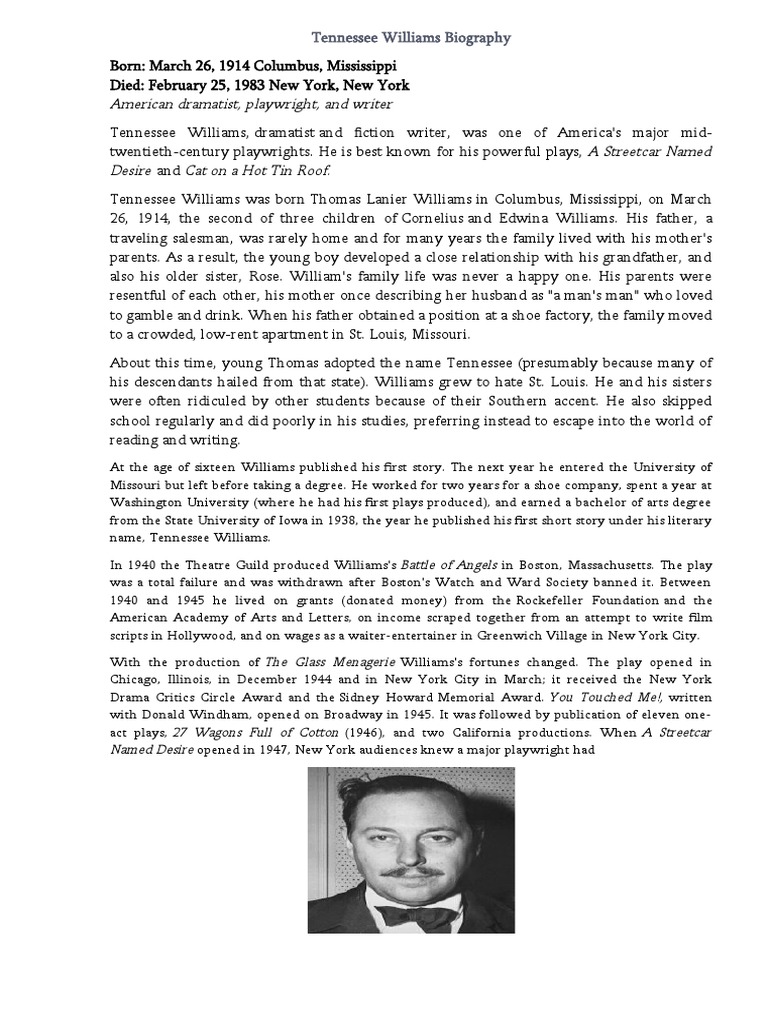 Tennessee Williams Biography | PDF