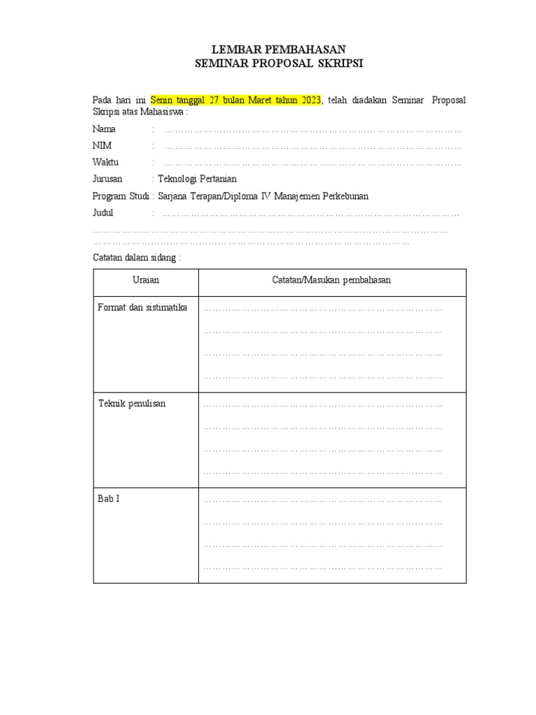 Perubahan Lembar Pembahasan Proposal Skripsi 2023 | PDF