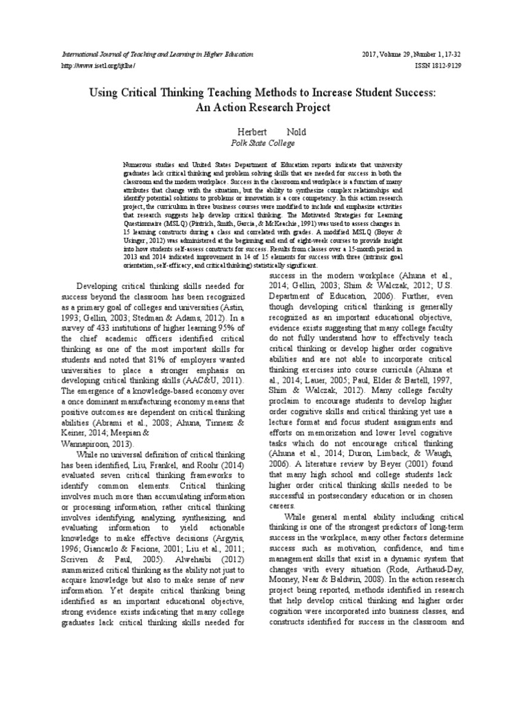 Using Critical Thinking Teaching Methods to Increase Student Success | PDF