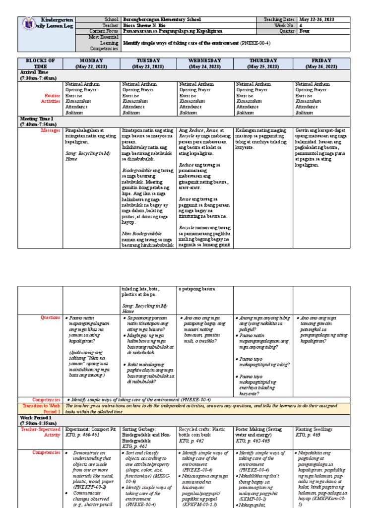 Kindergarten-DLL-MELC-Q4-Week 4 Asf | PDF