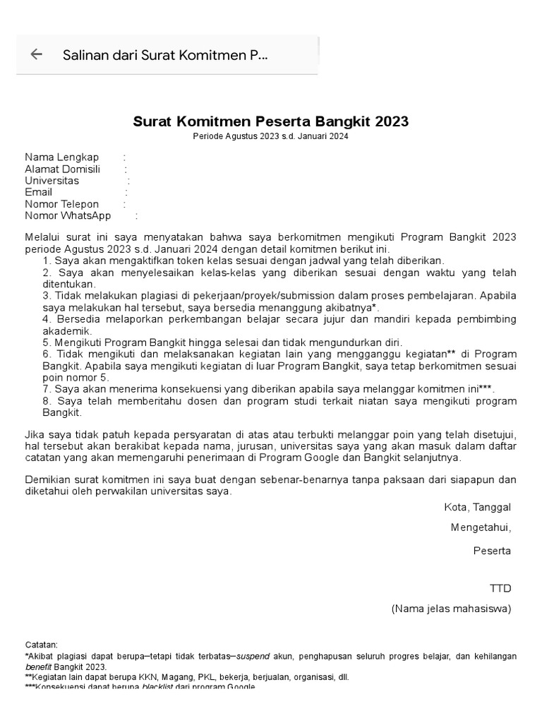 Salinan dari Surat Komitmen Peserta Bangkit 2023… | PDF