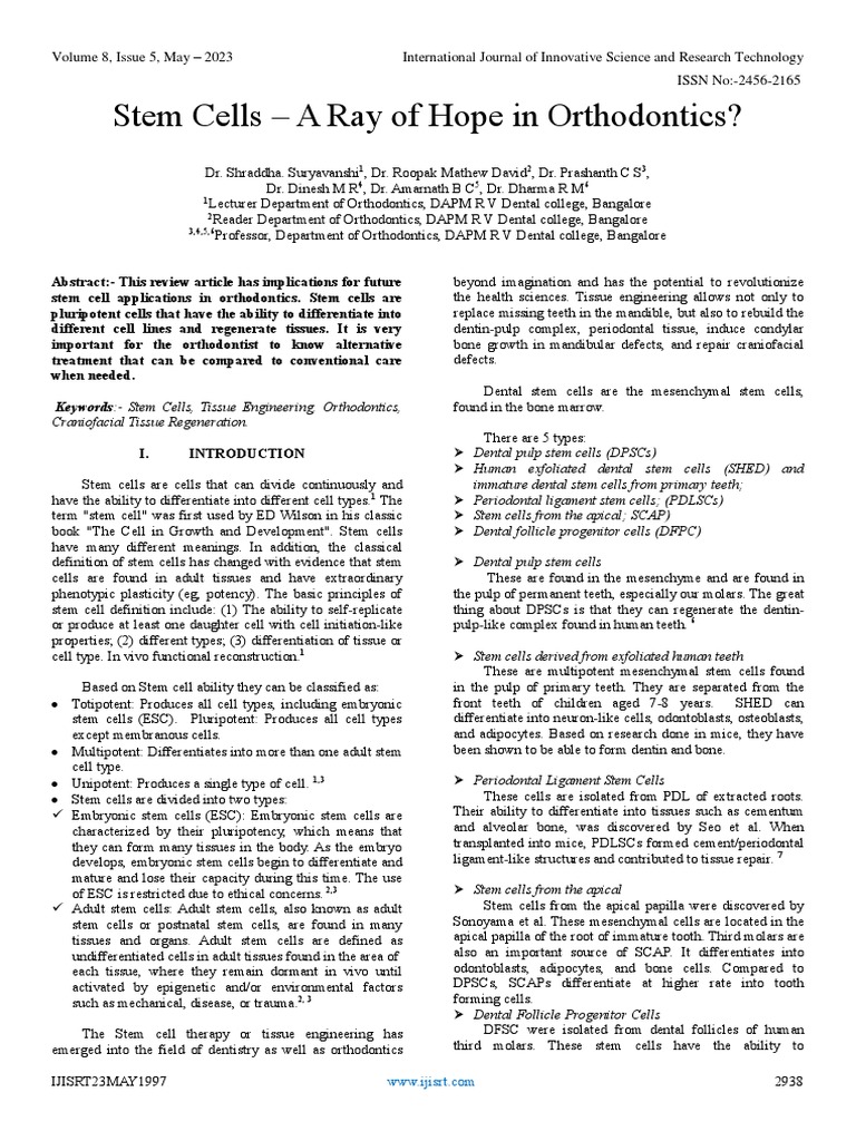 Stem Cells - A Ray of Hope in Orthodontics | PDF | Cell Potency | Stem Cell
