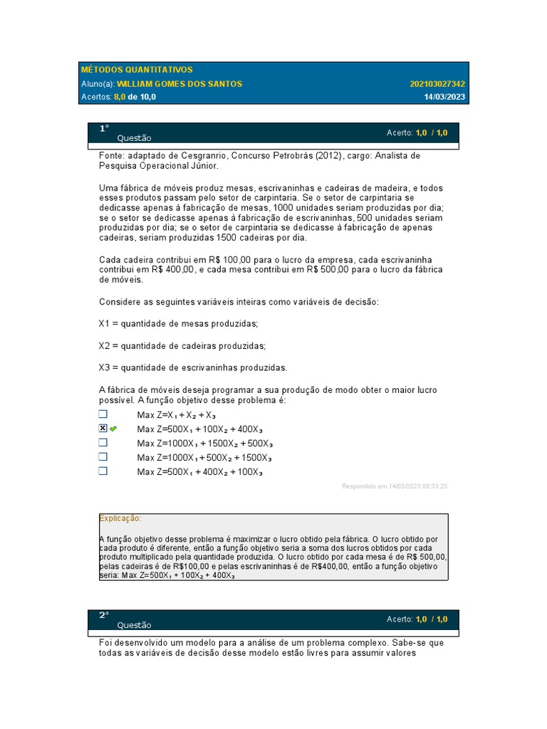 Prova II - METODOS QUANTITATIVOS | PDF