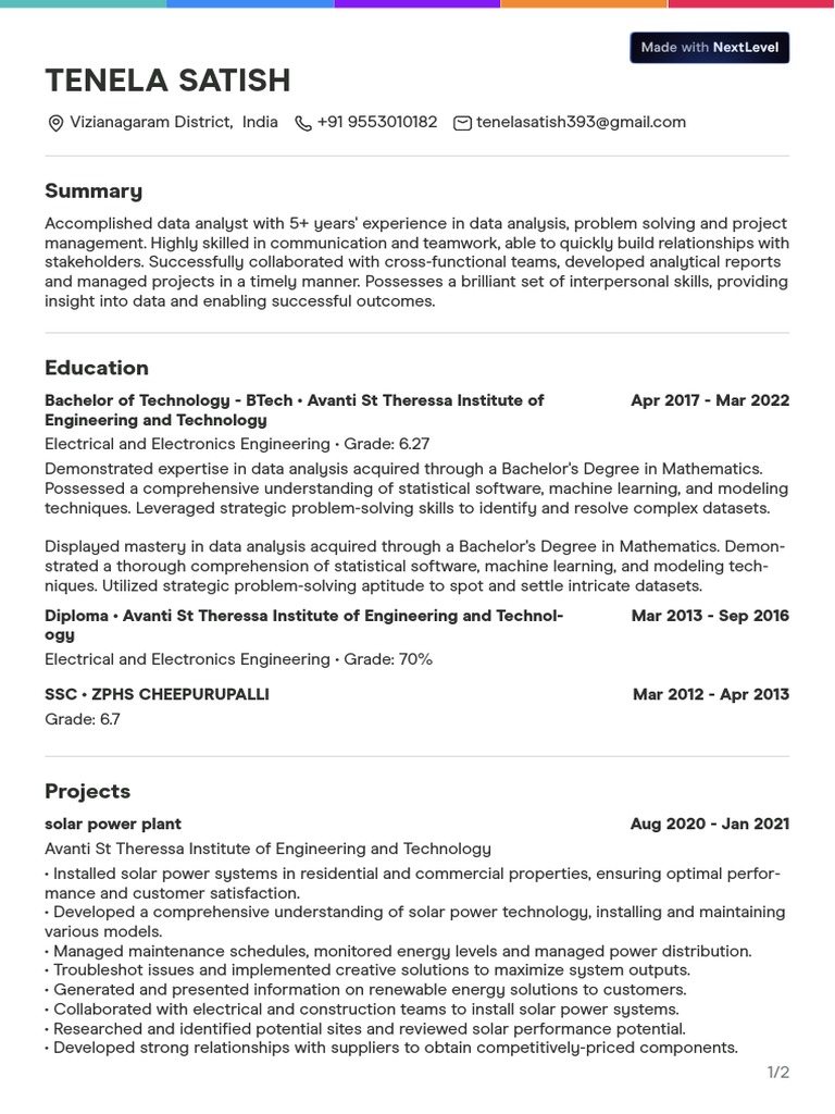 TENELA SATISH NextLevel Resume | PDF