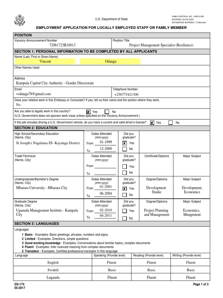 Application Form Usaid Project Management Specialist | PDF | United ...