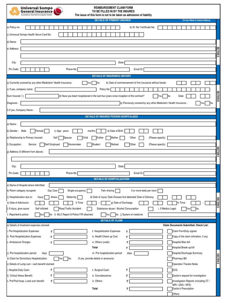 Reimbursement Claim Form | PDF | Hospital | Insurance