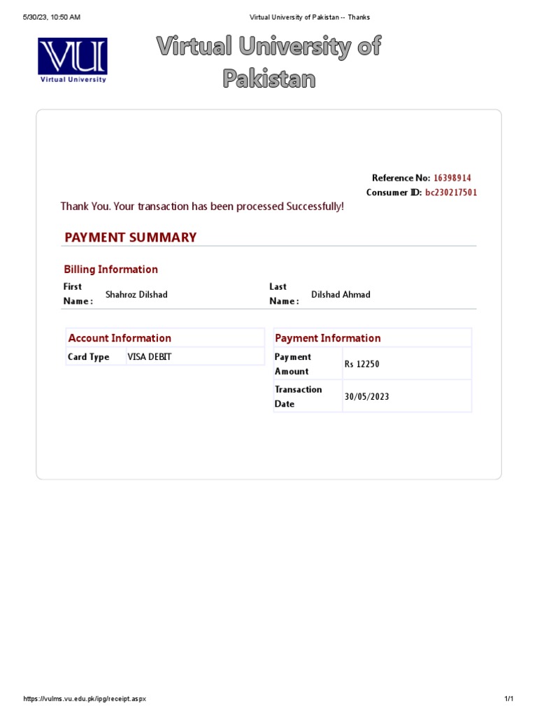Virtual University of Pakistan - Thanks | PDF