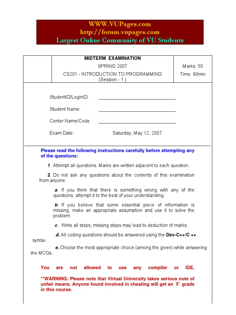 Cs201 Mid Spring2007 S1 Pdf Integer Computer Science Computer Programming 